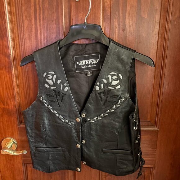Unik | Jackets & Coats | Unik Black Leather Vest With Rose Cutouts ...